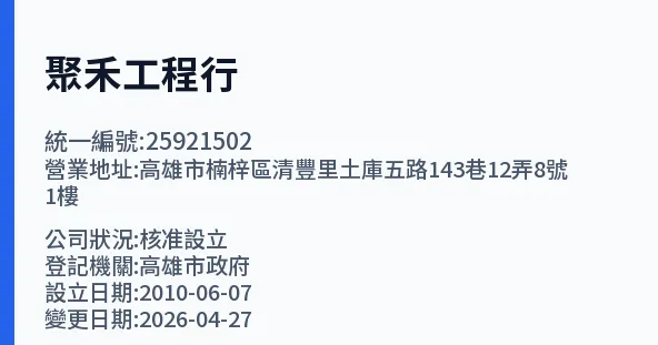 聚禾工程行的照片-統編 25921502(高雄市) 公司登記資料與營業項目詳細圖表