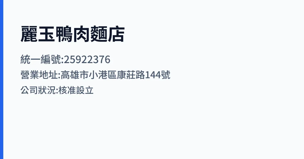 麗玉鴨肉麵店 - 統編 25922376(高雄市) 公司登記資料與營業項目詳細圖表