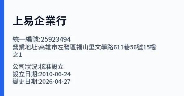 上易企業行的照片-統編 25923494(高雄市) 公司登記資料與營業項目詳細圖表