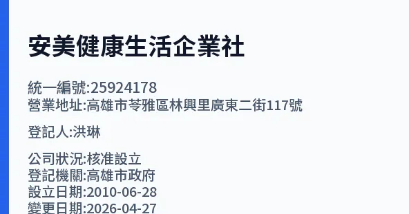 安美健康生活企業社的照片-統編 25924178(高雄市) 公司登記資料與營業項目詳細圖表