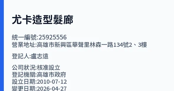 尤卡造型髮廊的照片-統編 25925556(高雄市) 公司登記資料與營業項目詳細圖表