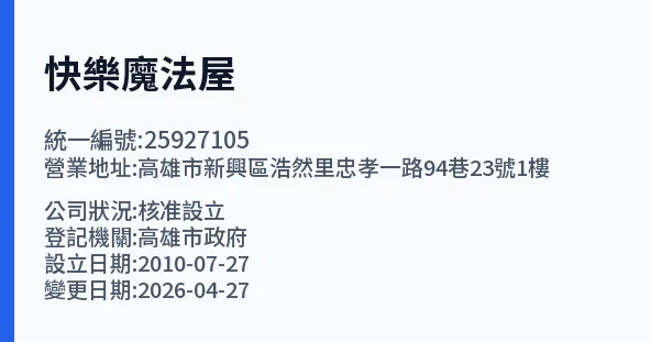快樂魔法屋的照片-統編 25927105(高雄市) 公司登記資料與營業項目詳細圖表
