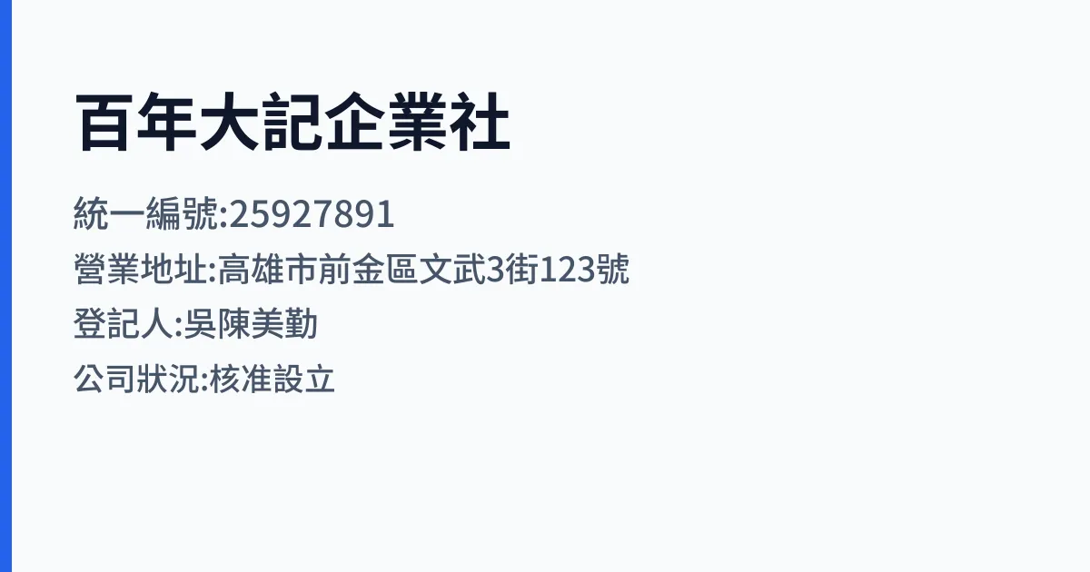 百年大記企業社 - 統編 25927891(高雄市) 公司登記資料與營業項目詳細圖表