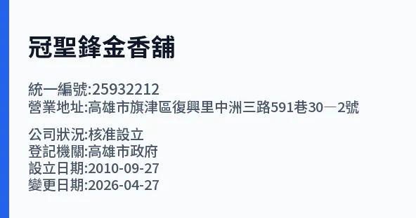 冠聖鋒金香舖的照片-統編 25932212(高雄市) 公司登記資料與營業項目詳細圖表