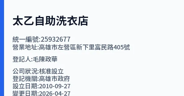 太乙自助洗衣店的照片-統編 25932677(高雄市) 公司登記資料與營業項目詳細圖表