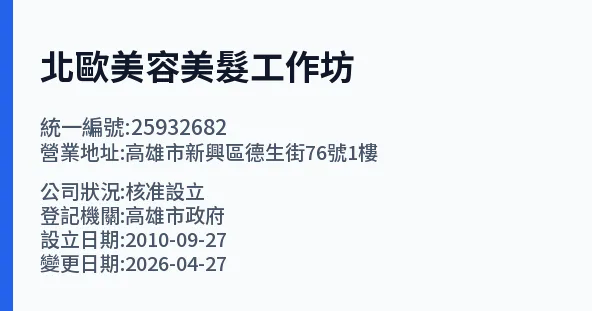 北歐美容美髮工作坊的照片-統編 25932682(高雄市) 公司登記資料與營業項目詳細圖表
