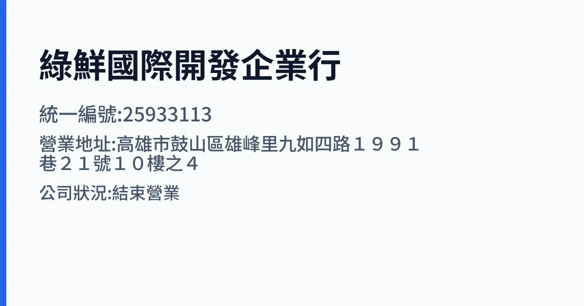 綠鮮國際開發企業行 - 統編 25933113(高雄市) 公司登記資料與營業項目詳細圖表