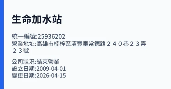 生命加水站的照片-統編 25936202(高雄市) 公司登記資料與營業項目詳細圖表