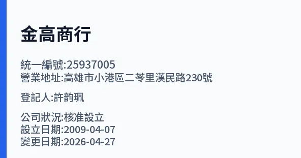 金高商行的照片-統編 25937005(高雄市) 公司登記資料與營業項目詳細圖表