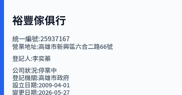 裕豐傢俱行的照片-統編 25937167(高雄市) 公司登記資料與營業項目詳細圖表