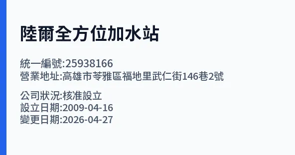 陸爾全方位加水站的照片-統編 25938166(高雄市) 公司登記資料與營業項目詳細圖表