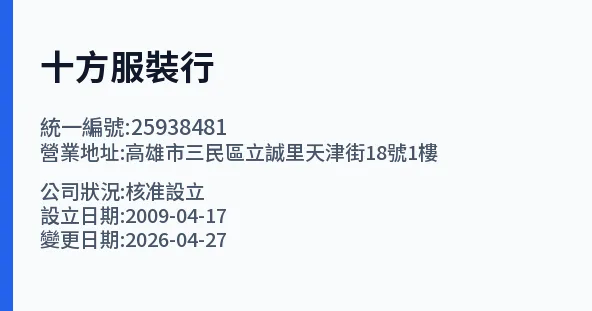 十方服裝行的照片-統編 25938481(高雄市) 公司登記資料與營業項目詳細圖表