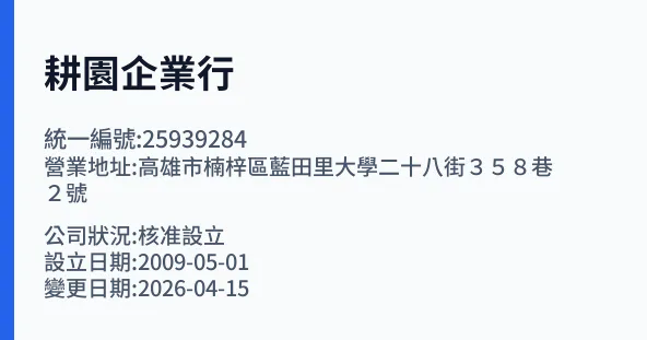 耕園企業行的照片-統編 25939284(高雄市) 公司登記資料與營業項目詳細圖表