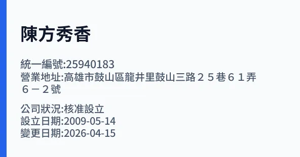 陳方秀香的照片-統編 25940183(高雄市) 公司登記資料與營業項目詳細圖表