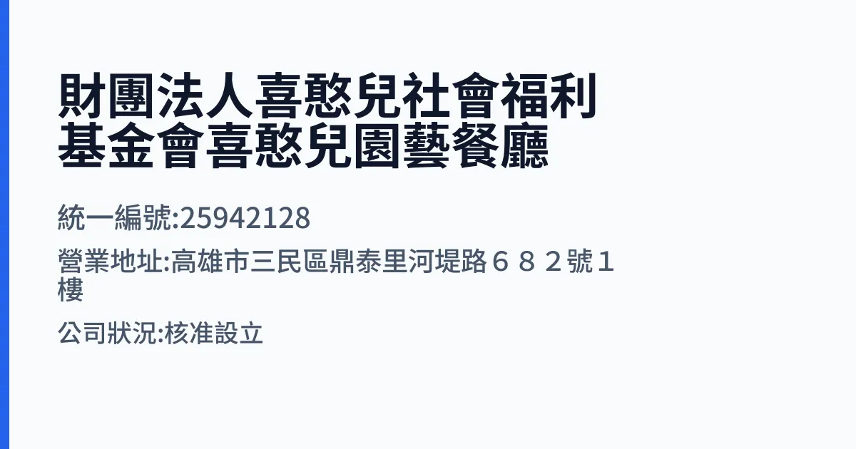 財團法人喜憨兒社會福利基金會喜憨兒園藝餐廳 - 統編 25942128(高雄市) 公司登記資料與營業項目詳細圖表