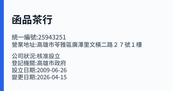 函品茶行的照片-統編 25943251(高雄市) 公司登記資料與營業項目詳細圖表