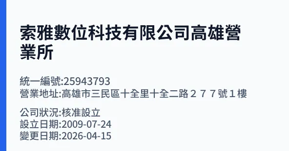 索雅數位科技有限公司高雄營業所的照片-統編 25943793(高雄市) 公司登記資料與營業項目詳細圖表