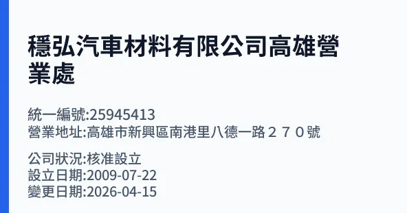 穩弘汽車材料有限公司高雄營業處的照片-統編 25945413(高雄市) 公司登記資料與營業項目詳細圖表