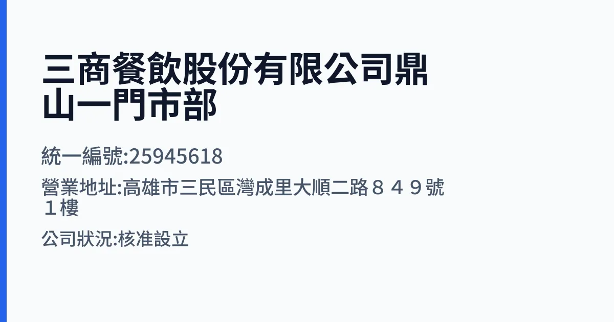 三商餐飲股份有限公司鼎山一門市部 - 統編 25945618(高雄市) 公司登記資料與營業項目詳細圖表