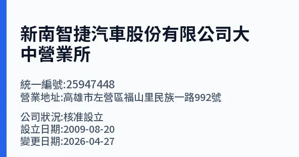 新南智捷汽車股份有限公司大中營業所的照片-統編 25947448(高雄市) 公司登記資料與營業項目詳細圖表