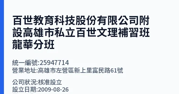 百世教育科技股份有限公司附設高雄市私立百世文理補習班龍華分班的照片-統編 25947714(高雄市) 公司登記資料與營業項目詳細圖表