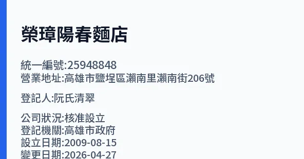 榮璋陽春麵店的照片-統編 25948848(高雄市) 公司登記資料與營業項目詳細圖表