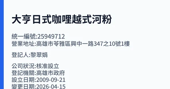 大亨日式咖哩越式河粉的照片-統編 25949712(高雄市) 公司登記資料與營業項目詳細圖表