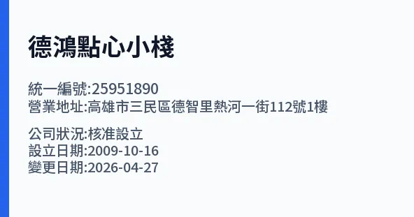 德鴻點心小棧的照片-統編 25951890(高雄市) 公司登記資料與營業項目詳細圖表
