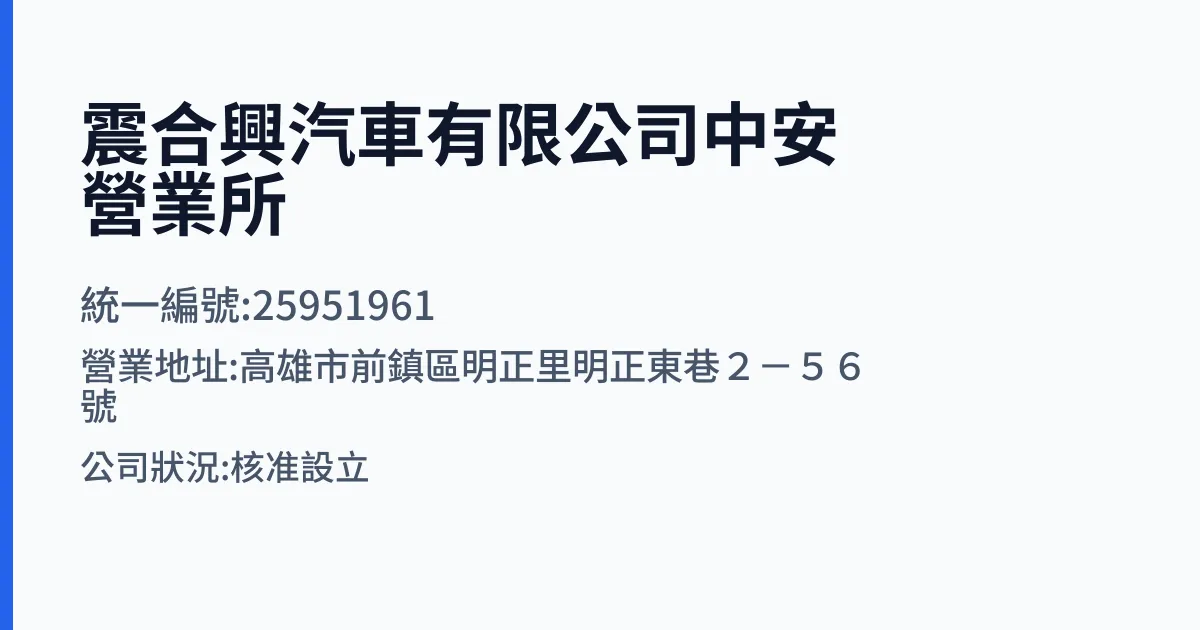 震合興汽車有限公司中安營業所 - 統編 25951961(高雄市) 公司登記資料與營業項目詳細圖表