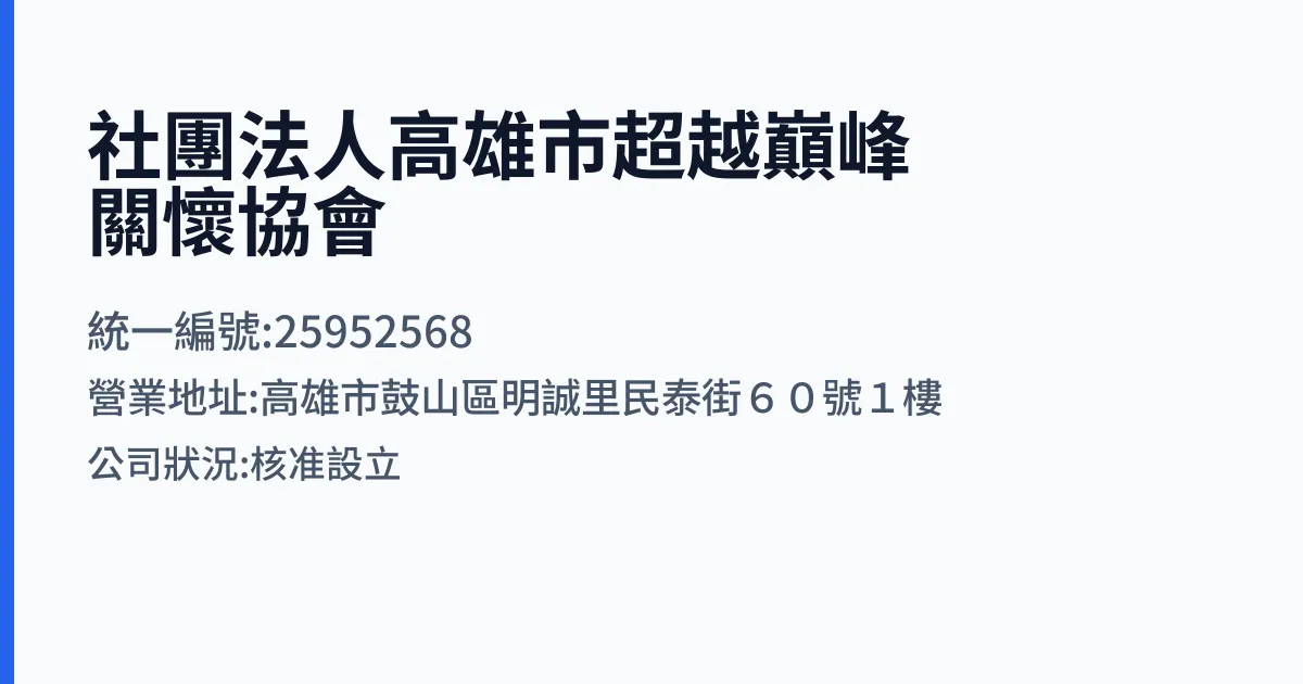 社團法人高雄市超越巔峰關懷協會 - 統編 25952568(高雄市) 公司登記資料與營業項目詳細圖表