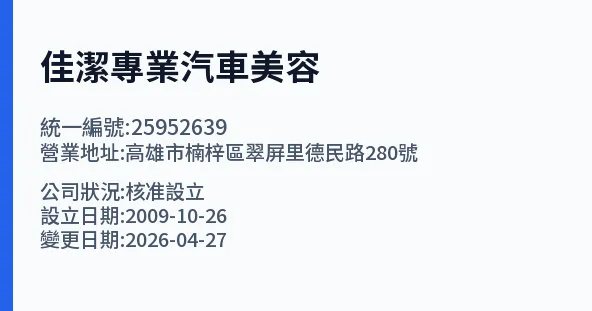 佳潔專業汽車美容的照片-統編 25952639(高雄市) 公司登記資料與營業項目詳細圖表