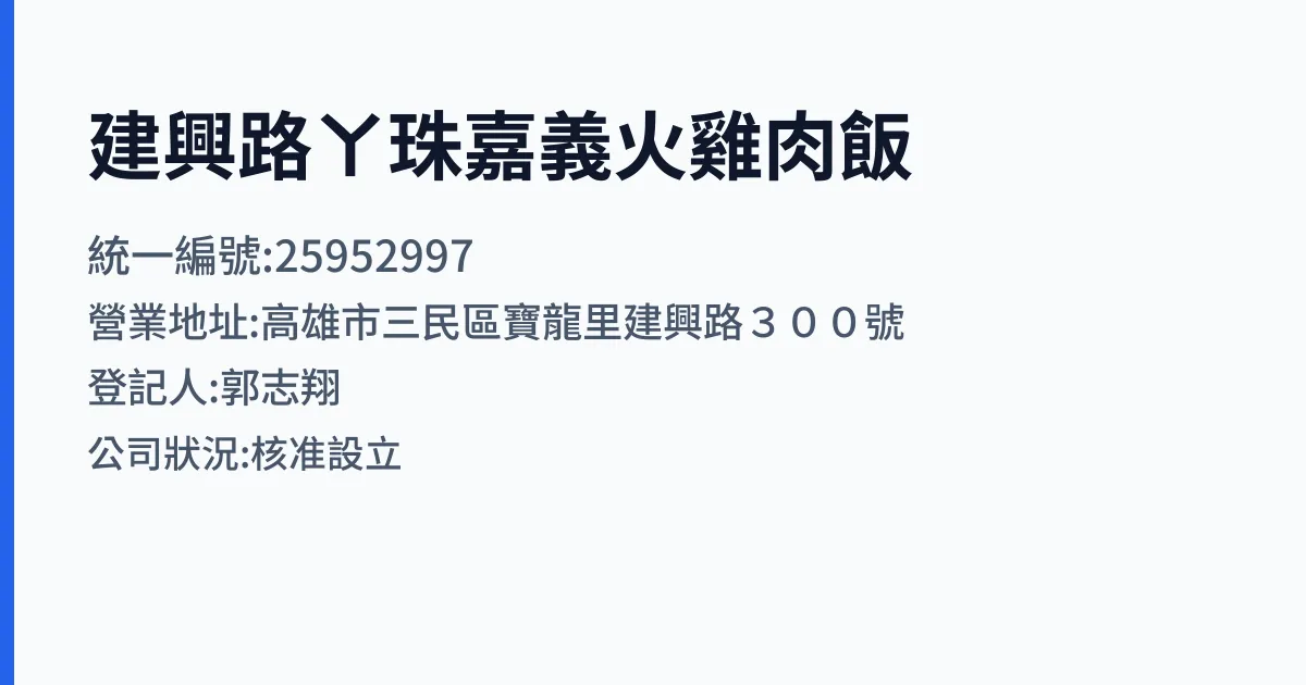 建興路ㄚ珠嘉義火雞肉飯 - 統編 25952997(高雄市) 公司登記資料與營業項目詳細圖表