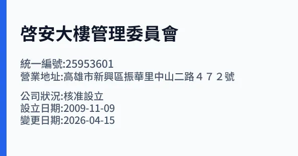 啓安大樓管理委員會的照片-統編 25953601(高雄市) 公司登記資料與營業項目詳細圖表