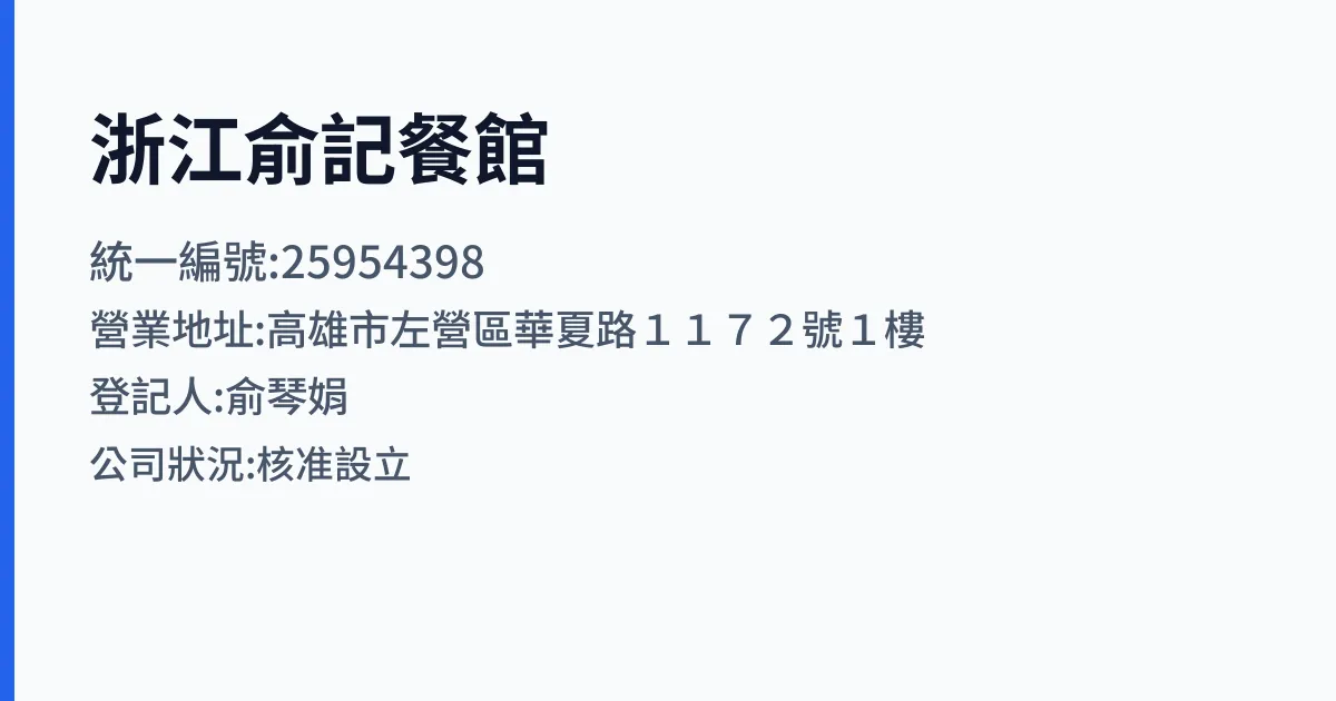 浙江俞記餐館 - 統編 25954398(高雄市) 公司登記資料與營業項目詳細圖表