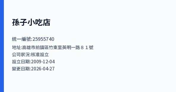 孫子小吃店的照片-統編 25955740(高雄市) 公司登記資料與營業項目詳細圖表