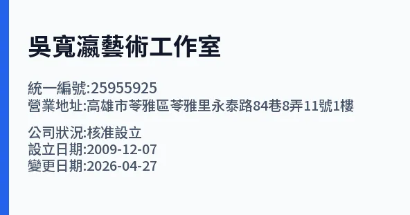吳寬瀛藝術工作室的照片-統編 25955925(高雄市) 公司登記資料與營業項目詳細圖表
