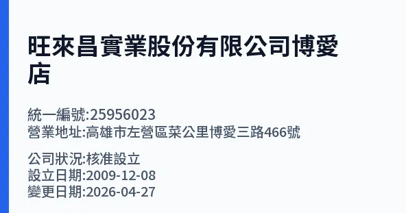 旺來昌實業股份有限公司博愛店的照片-統編 25956023(高雄市) 公司登記資料與營業項目詳細圖表