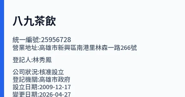 八九茶飲的照片-統編 25956728(高雄市) 公司登記資料與營業項目詳細圖表