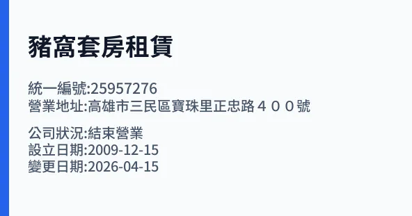 豬窩套房租賃的照片-統編 25957276(高雄市) 公司登記資料與營業項目詳細圖表