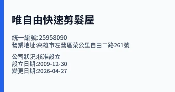 唯自由快速剪髮屋的照片-統編 25958090(高雄市) 公司登記資料與營業項目詳細圖表