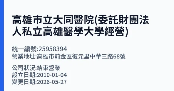 高雄市立大同醫院(委託財團法人私立高雄醫學大學經營)的照片-統編 25958394(高雄市) 公司登記資料與營業項目詳細圖表