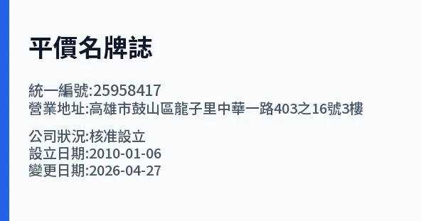平價名牌誌的照片-統編 25958417(高雄市) 公司登記資料與營業項目詳細圖表