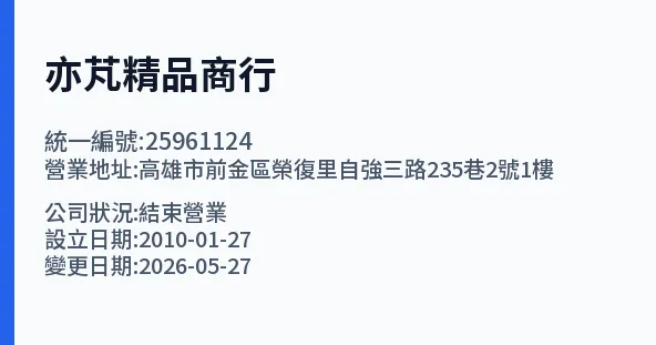 亦芃精品商行的照片-統編 25961124(高雄市) 公司登記資料與營業項目詳細圖表