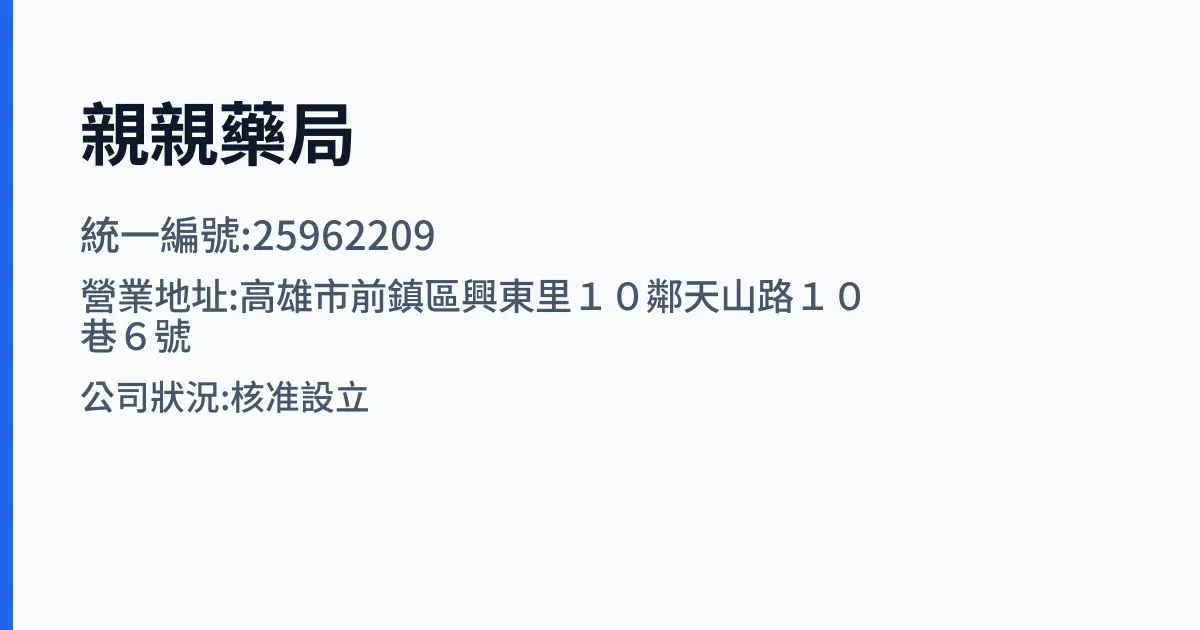 親親藥局 - 統編 25962209(高雄市) 公司登記資料與營業項目詳細圖表