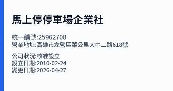 馬上停停車場企業社的照片-統編 25962708(高雄市) 公司登記資料與營業項目詳細圖表