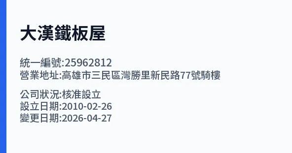 大漢鐵板屋的照片-統編 25962812(高雄市) 公司登記資料與營業項目詳細圖表
