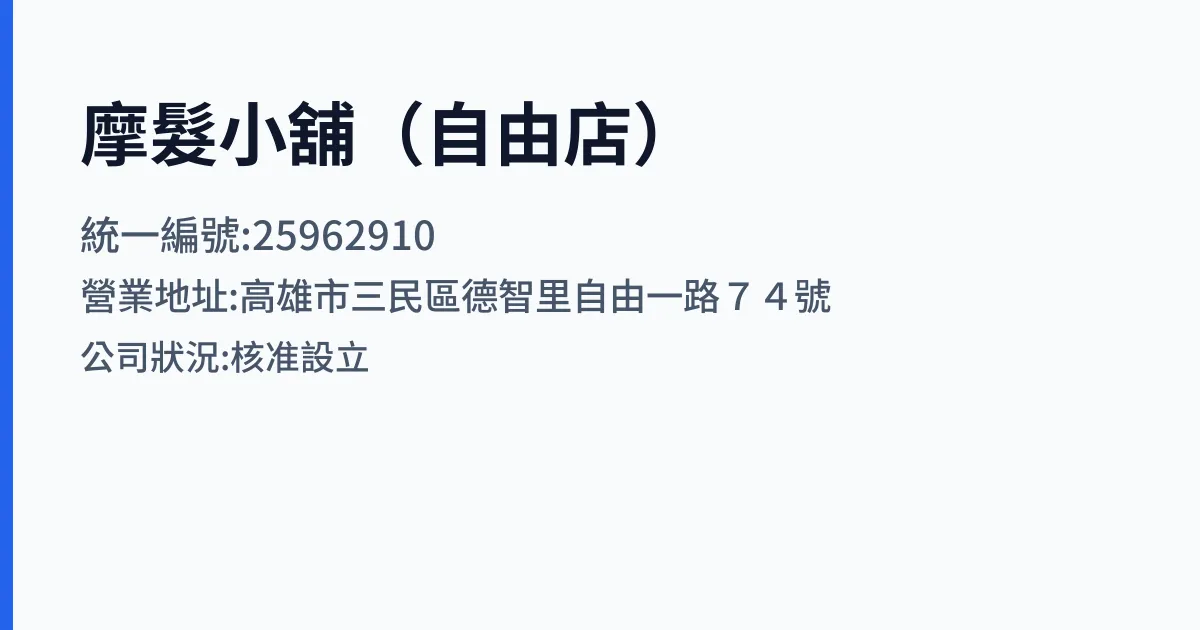 摩髮小舖（自由店） - 統編 25962910(高雄市) 公司登記資料與營業項目詳細圖表