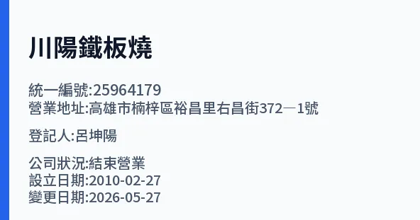 川陽鐵板燒的照片-統編 25964179(高雄市) 公司登記資料與營業項目詳細圖表