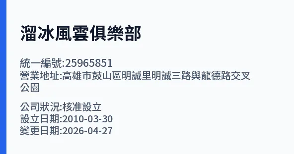 溜冰風雲俱樂部的照片-統編 25965851(高雄市) 公司登記資料與營業項目詳細圖表