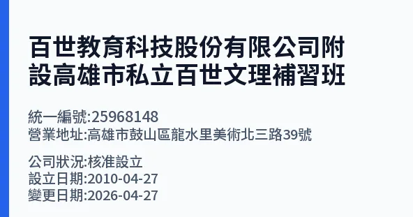 百世教育科技股份有限公司附設高雄市私立百世文理補習班的照片-統編 25968148(高雄市) 公司登記資料與營業項目詳細圖表